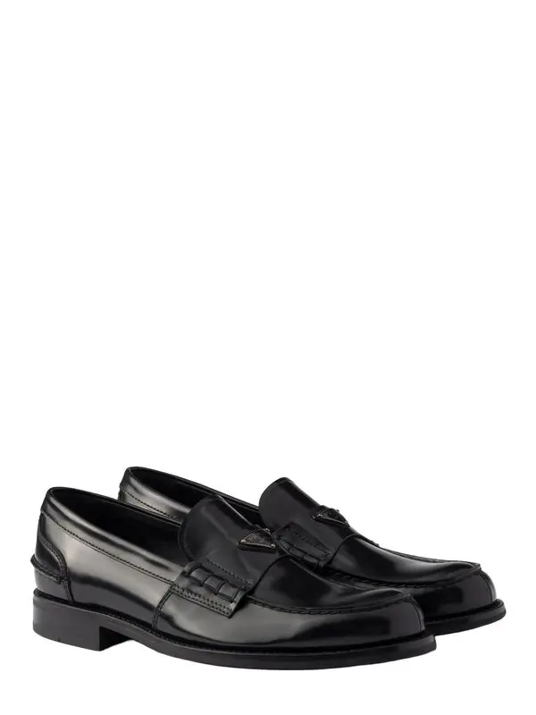 Prada Brushed Leather Loafers With Enameled Triangle Logo - Black