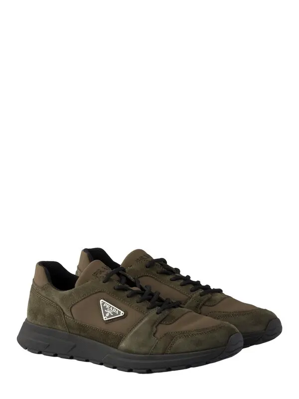 Prada Suede And Re-nylon Lace-up Sneakers - Green
