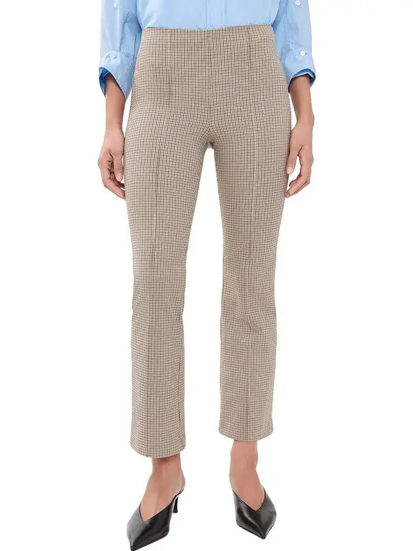 Vince Niki Mid Rise Plaid Crop Flare Trousers - Oak Buff Check