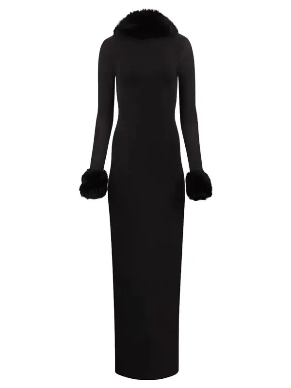 Nina Ricci Faux-fur Trimmed Open-back Maxi Dress - Black