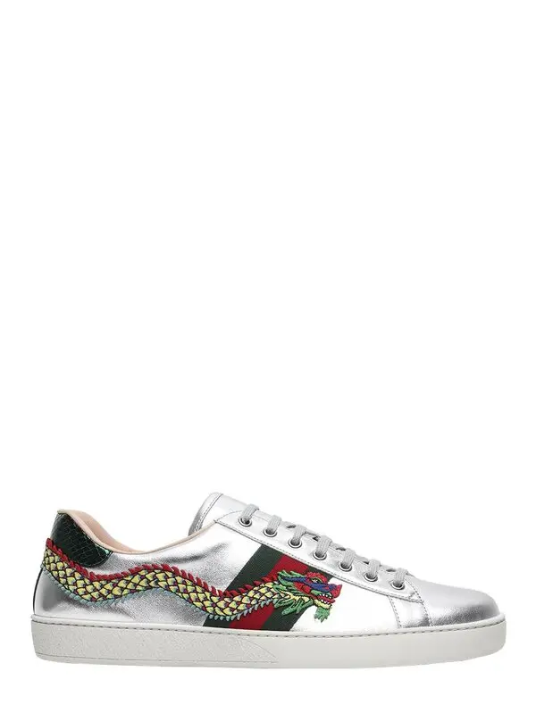 Gucci Ace Embroidered Dragon Low Top Sneakers - Silver