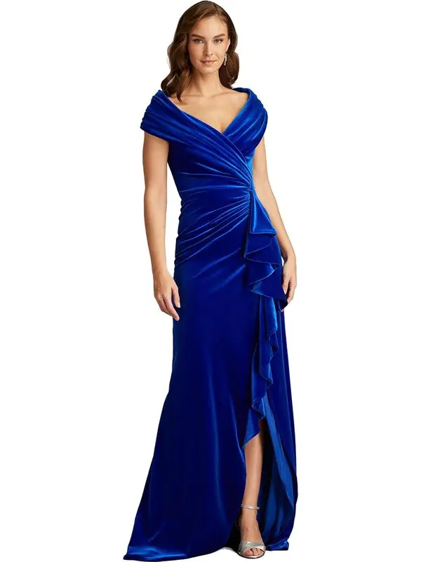 Tadashi Shoji Velvet Waterfall Drape Gown - Blue Bell