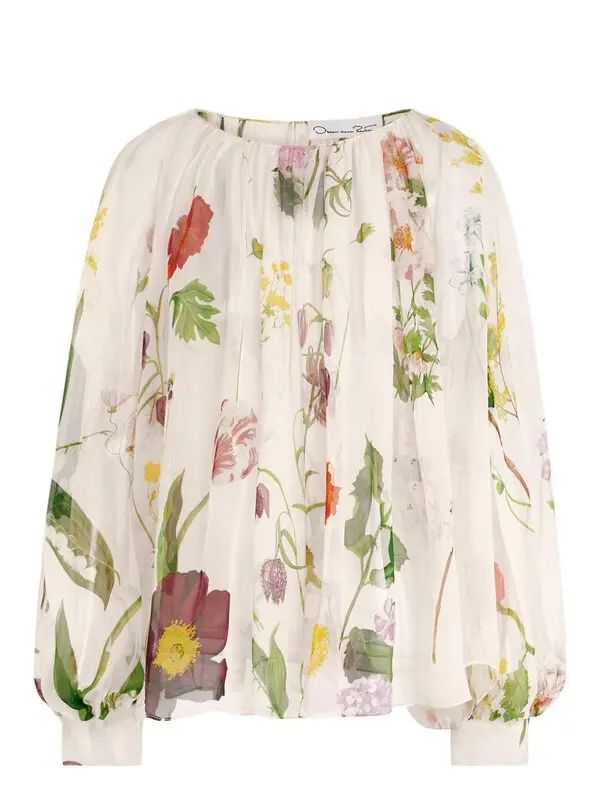 Oscar De La Renta Mixed Botanical Silk Chiffon Blouse - Ivory