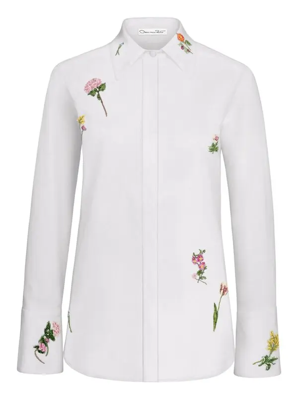 Oscar De La Renta Beaded Mixed Botanical Stretch Twill Blouse - White
