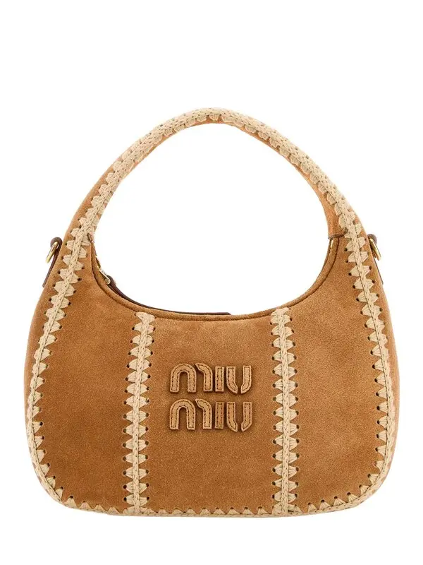 Miu Miu Suede Handbag With Golden Hardware And Crocheted Trim - Beige O Tan