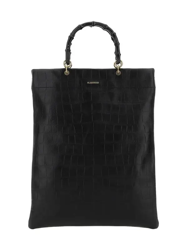 JIL SANDER Medium Croc Effect Leather Shopper With Golden Hardware - Black