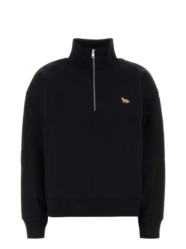 Maison Kitsuné Half Zip Stand Collar Sweatshirt With Embroidered Fox Logo - Black
