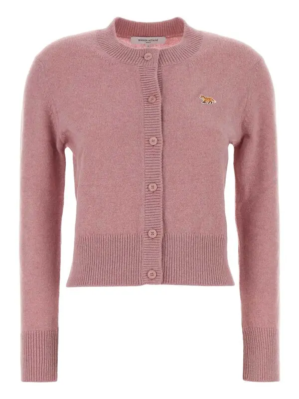 Maison Kitsuné 100% Wool Cardigan With Fox Embroidery - Pink