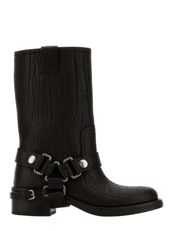 Miu Miu Black Leather Buckled Ankle Boots - Brown