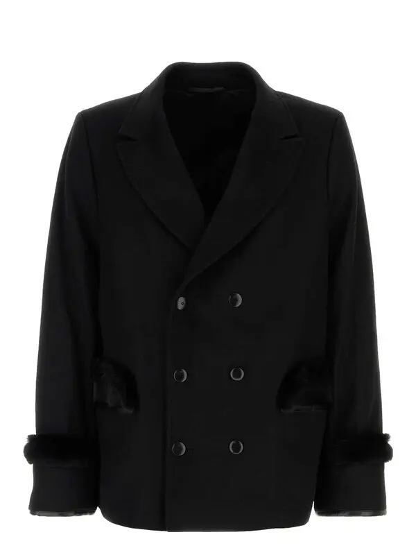 Random Identities Double Breasted Wool Blend Jacket With Fur Trim - Black