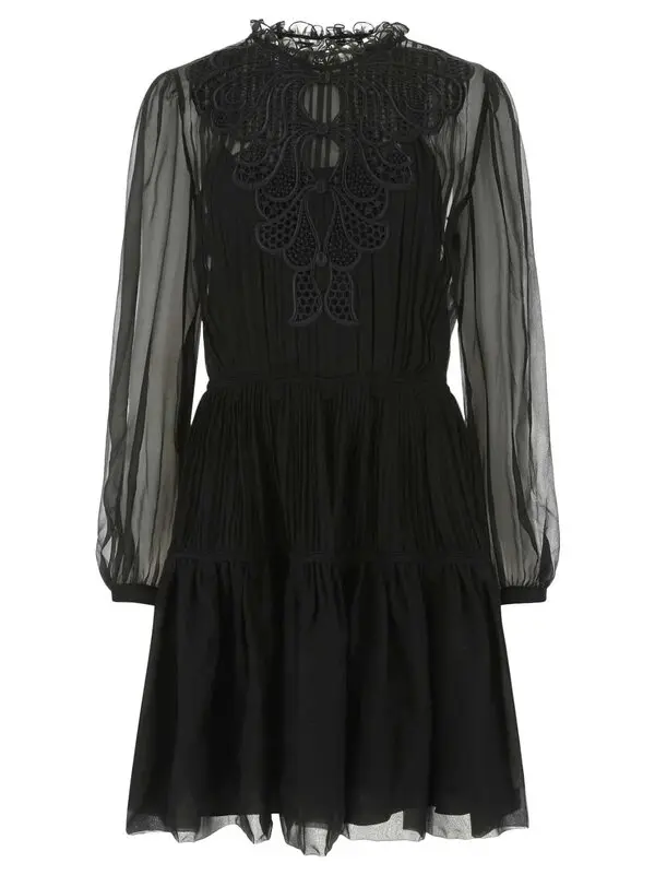 Alberta Ferretti Sheer Chiffon Mini Dress With Lace Detail - Black
