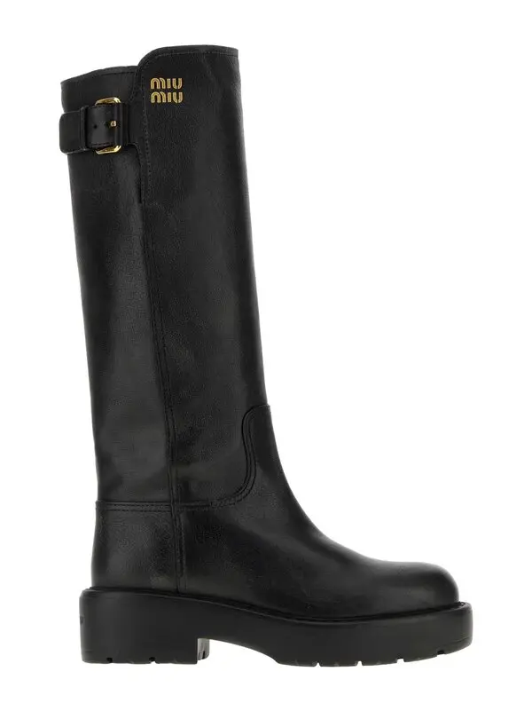 Miu Miu Leather Tall Boots With Rubber Sole - Black