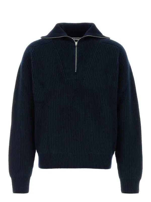 JIL SANDER Quarter Zip Wool Polo Shirt - Blue