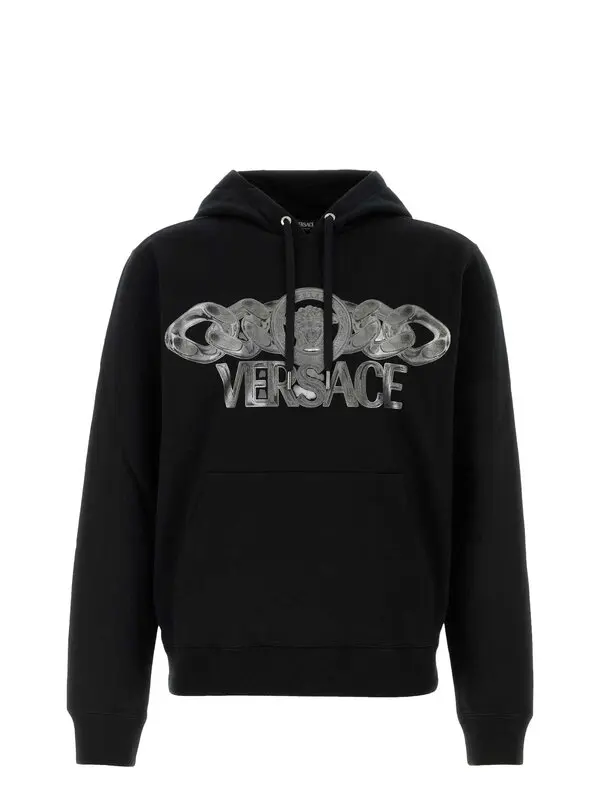 Versace 100% Cotton Hoodie With Graphic Logo - Black