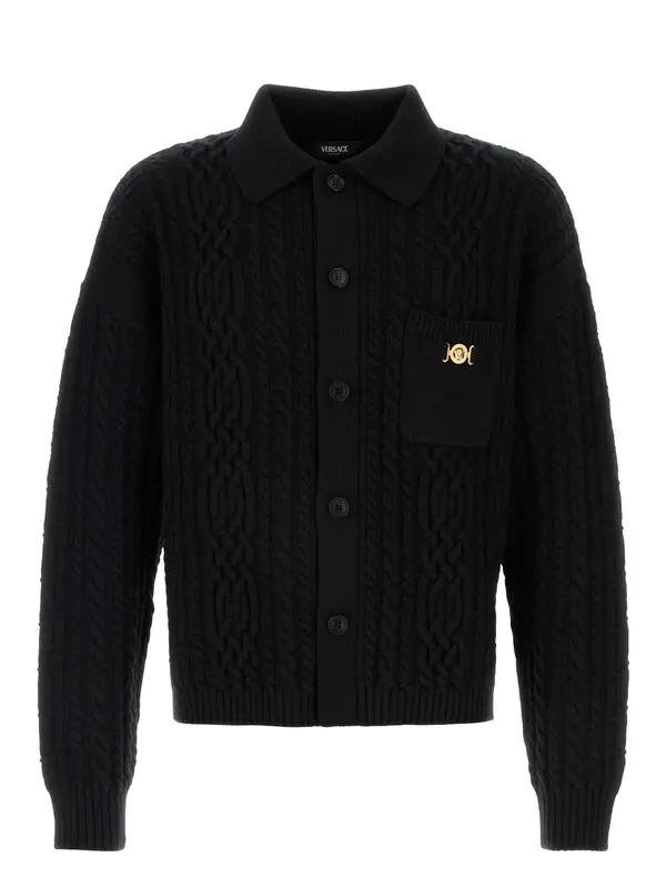 Versace Pure Virgin Wool Cable Knit Cardigan - Black