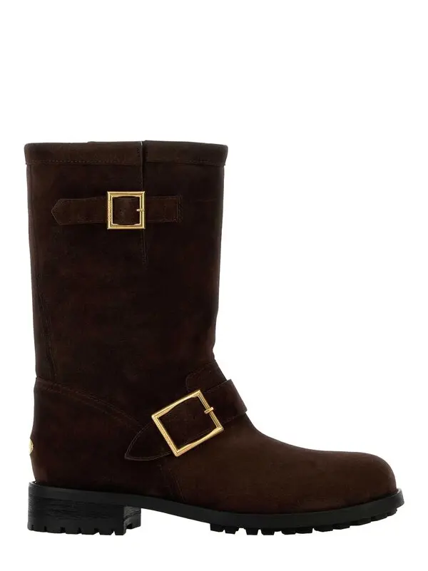 JIMMY CHOO Mid-height Suede Biker Ankle Boots With Buckle Detail - Brown