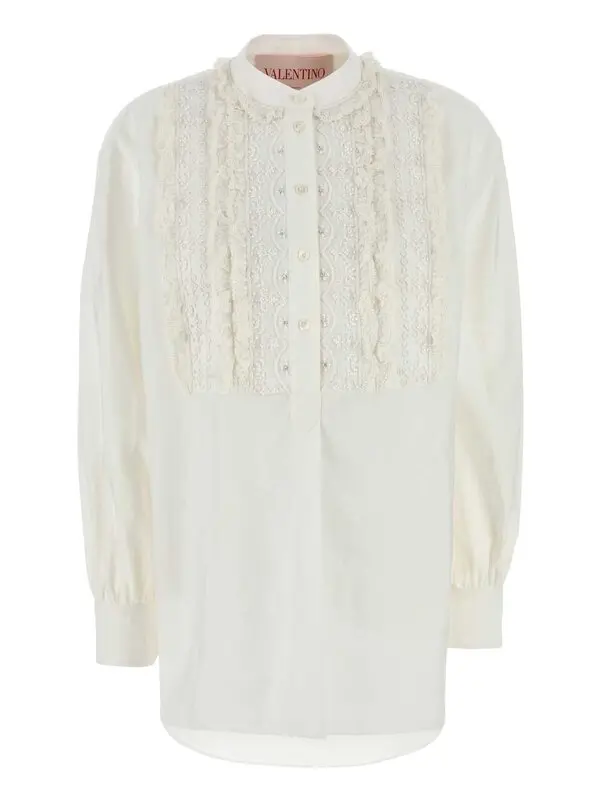 Valentino Garavani Cotton-linen Silk Blend Blouse With Lace Detail - White