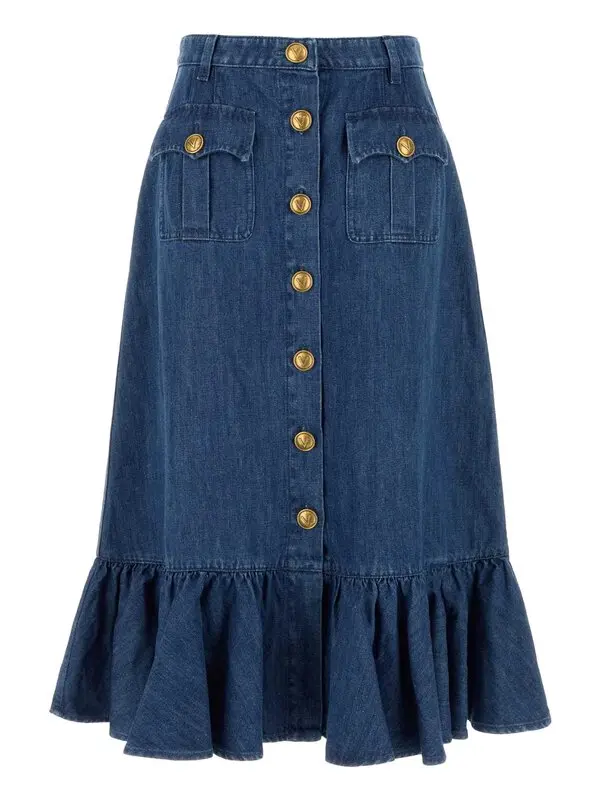Valentino Garavani Button-detailed Denim Midi Skirt With Ruffle Hem - Light Blue