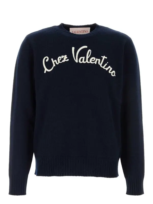 Valentino Garavani Navy Wool Knit Sweater With "chez " Embroidery - Blue