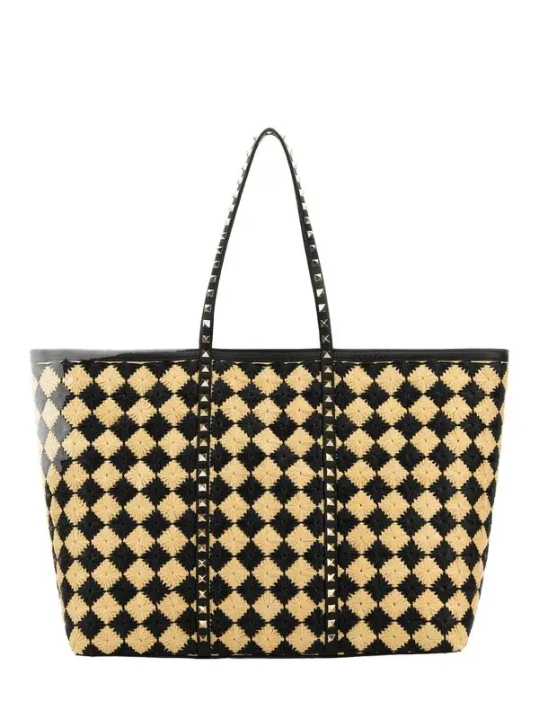 Valentino Garavani Raffia Rockstud Shopping Handbag - Checked