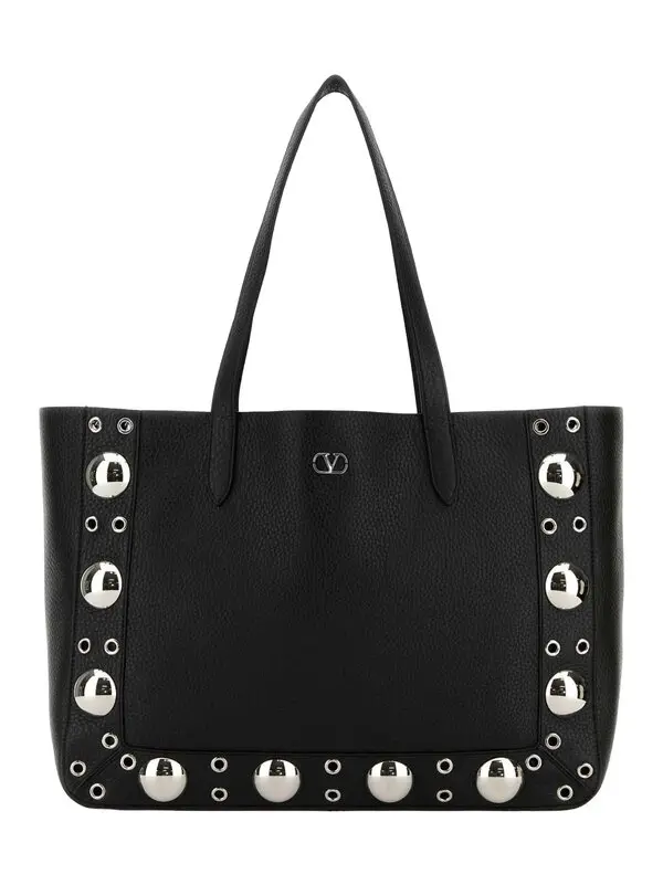 Valentino Garavani Vlogo Signature Studded Leather Shopping Handbag - Black