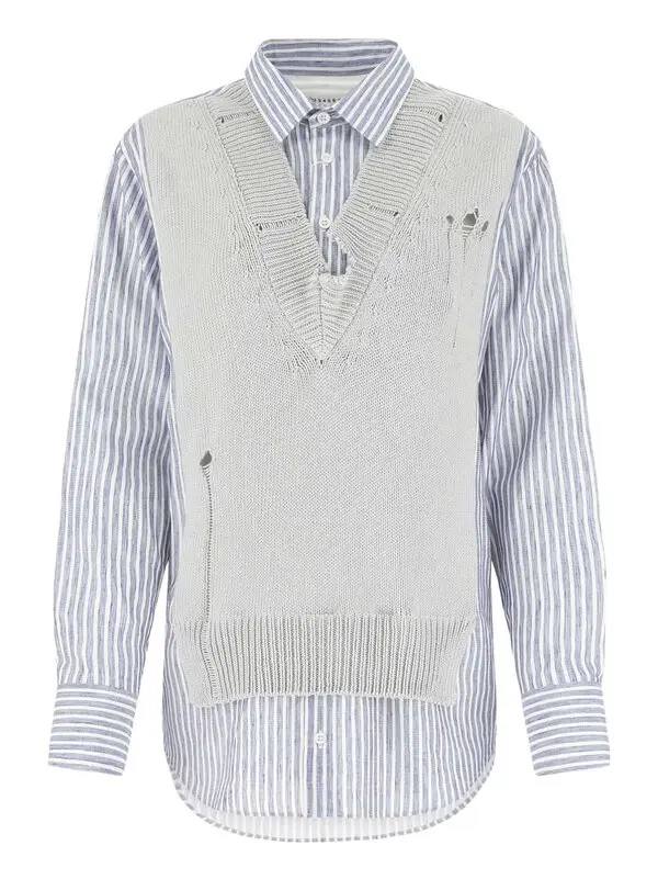 MAISON MARGIELA Embroidered Cotton Linen Blend Shirt - Stripped