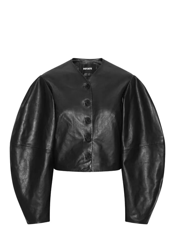 ROTATE BY BIRGER CHRISTENSEN Cropped Leather Puff-sleeve Jacket - Black