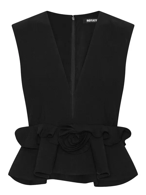 ROTATE BY BIRGER CHRISTENSEN Sleeveless Zip-front Peplum Top With Floral Ruffle Detail - Black