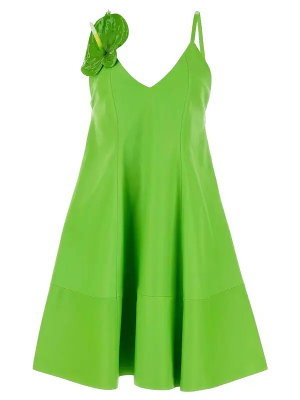 Loewe Fluo Leather Mini Dress With Floral Embellishment - Green
