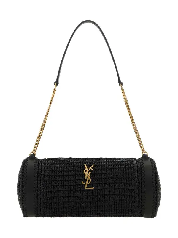 Saint Laurent Mini Raffia And Leather Cassandre Shoulder Handbag - Black