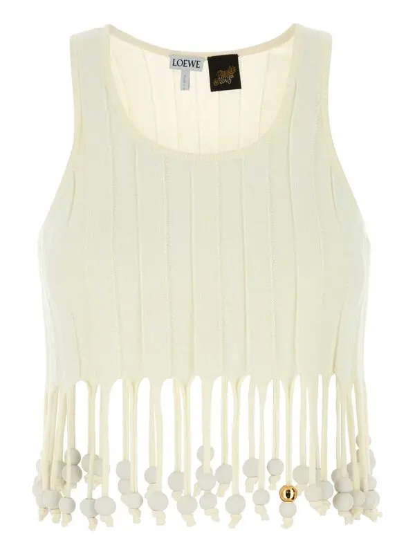 Loewe Cotton Knit Top With Beaded Fringing - White