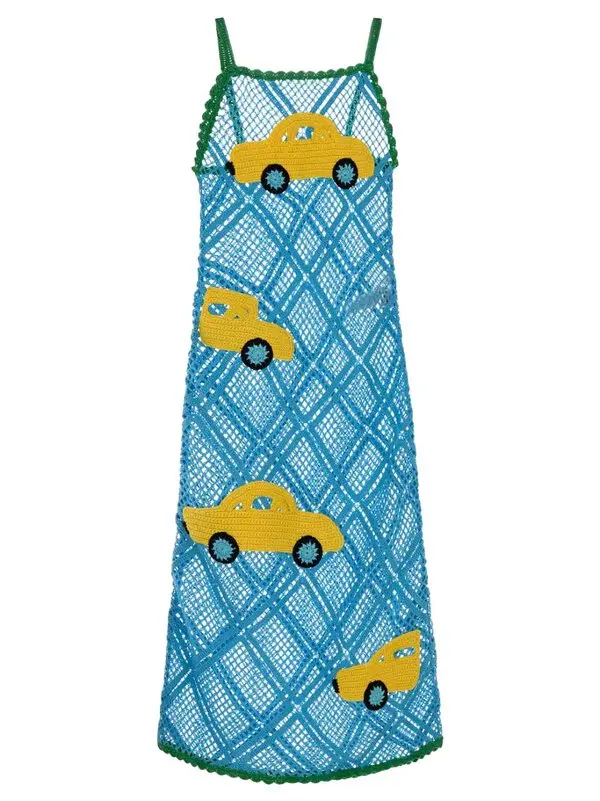 JW Anderson Crochet Maxi Dress With Car Appliques - Light Blue