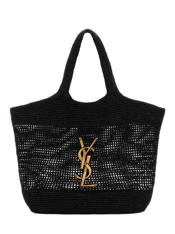 Saint Laurent Icare Raffia Shopping Handbag With Antiqued Golden Hardware - Black