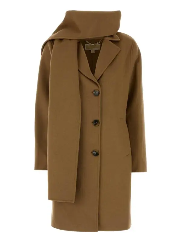 Michael Kors Wool Blend Tailored Fit Jacket With Scarf Detail - Camel