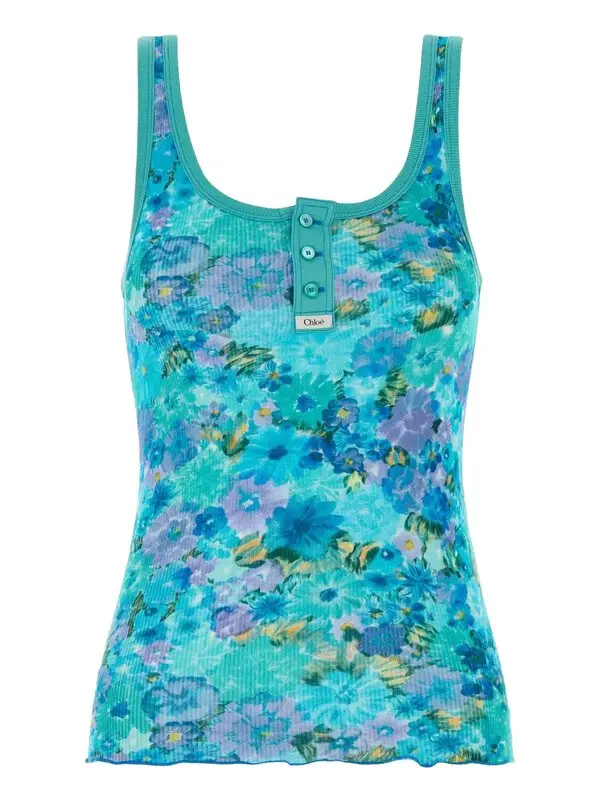 Chloé Scoop Neck Floral Print Top - Blu