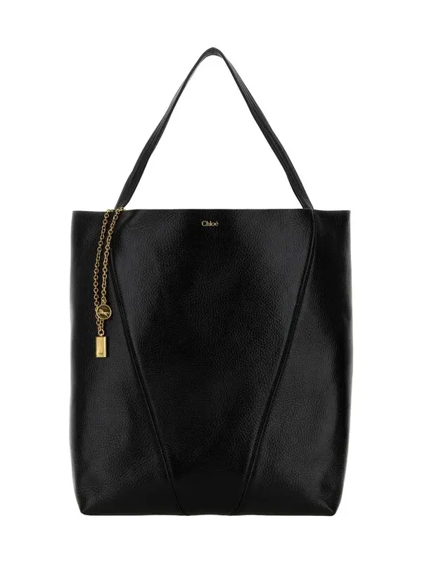 Chloé Large Spin Shopping Handbag In Calf Leather With Antiqued Gold-tone Hardware - Black