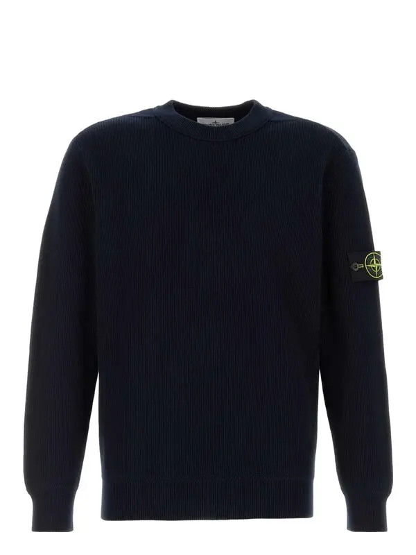 Stone Island 100% Cotton Ribbed Knit Sweater With Signature Badge - Blue