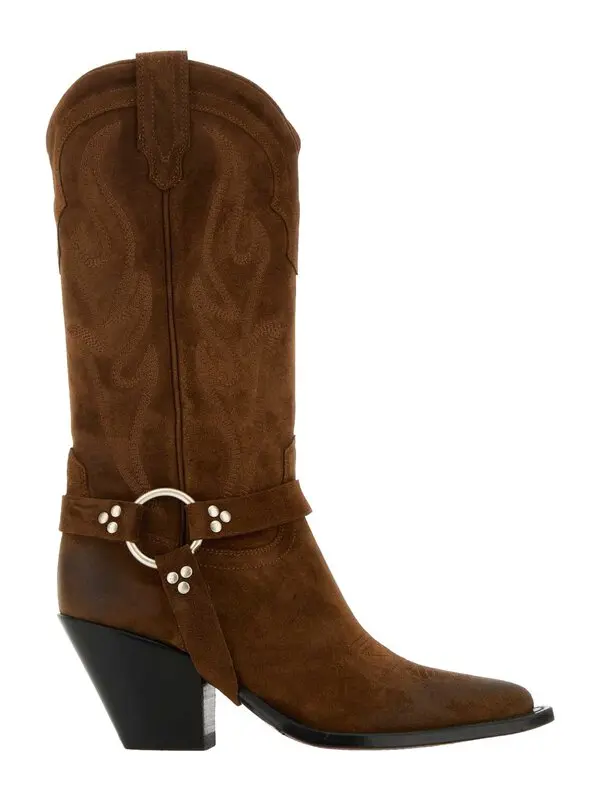 SONORA Western Suede Belted Heeled Boots - Brown