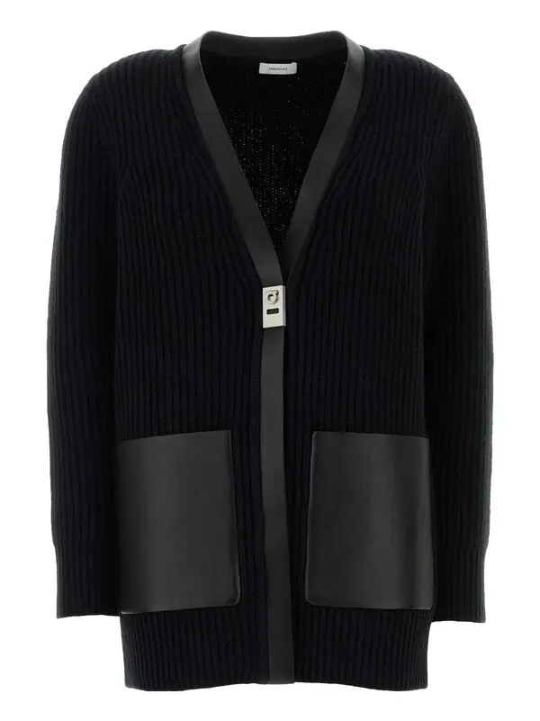 FERRAGAMO Ribbed Wool Cardigan With Leather Accents - Black
