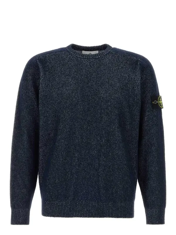 Stone Island Cotton Blend Ribbed Knit Crewneck Sweater - Blue