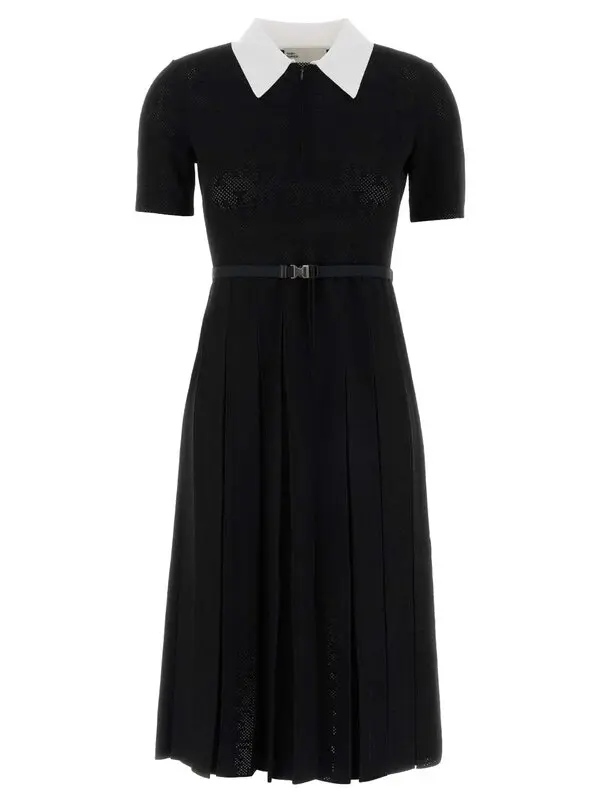 Tory Burch T Monogram Pointelle Knit Pleated Midi Dress With Belt - Black