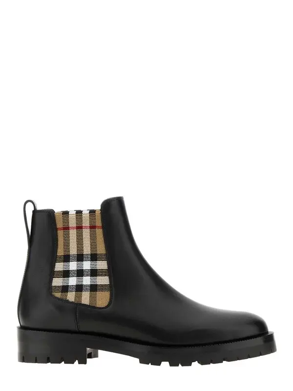 Burberry Calf Leather Ankle Boots With Checked Elastic Side Panels - Black