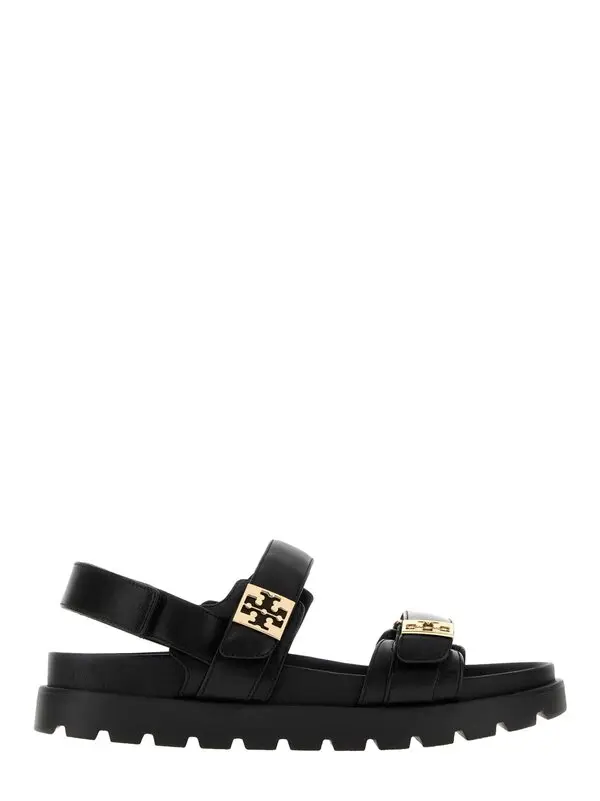 Tory Burch Leather Mellow Sandals With Gold Tone Buckles - Black