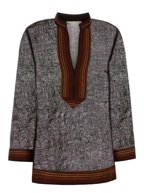 Tory Burch Linen Band Collar Blouse - Brown