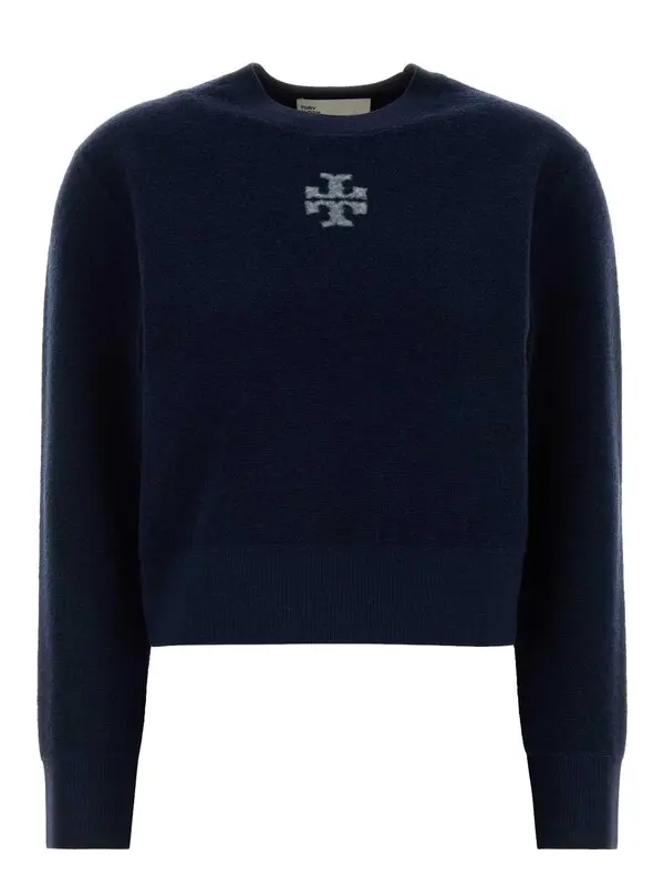 Tory Burch Wool-blend Knit Sweater With Logo Applique - Blue