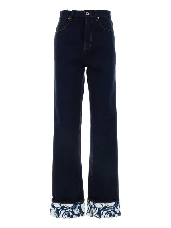 Burberry High Rise Straight Leg Jeans With Floral Print Cuffs - Blue