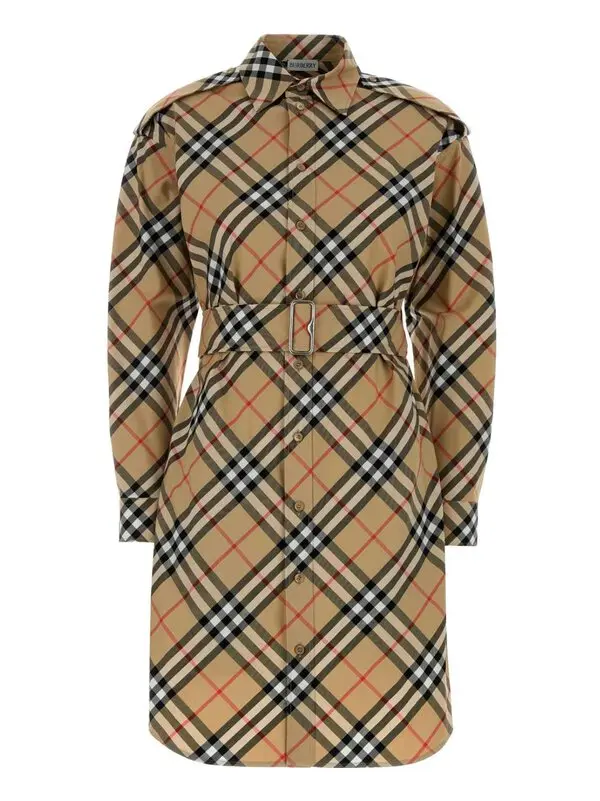 Burberry Embroidered Cotton Shirt Dress With Classic Collar And Checks - Checked