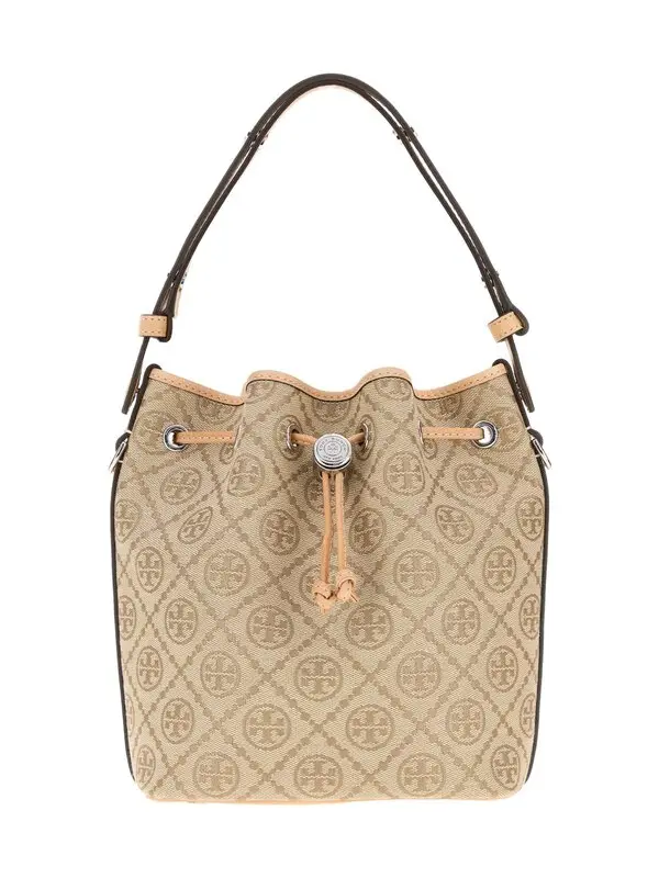 Tory Burch Embroidered Canvas Bucket Bag With Leather Trim - Printed
