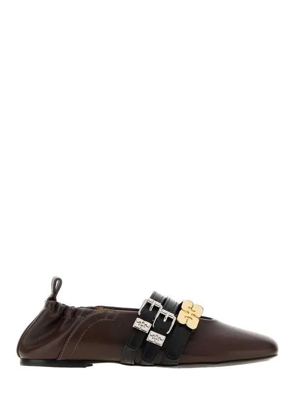 GANNI Synthetic Leather Ballerina Flats With Buckle Detailing - Brown