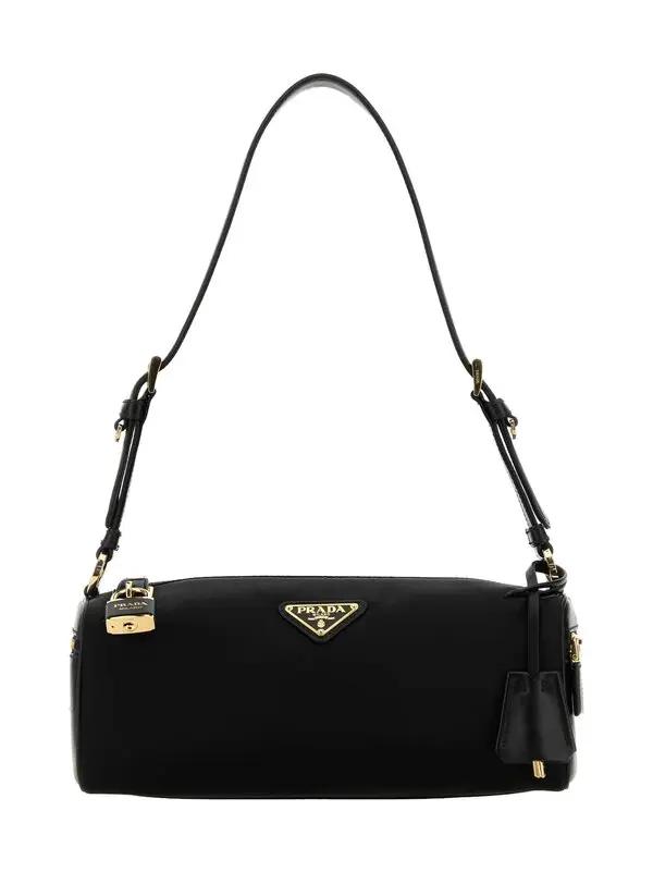 Prada 28 Cm Nylon Shoulder Crossbody Handbag With Golden Metal Hardware And 30-35 Cm Handle - Black